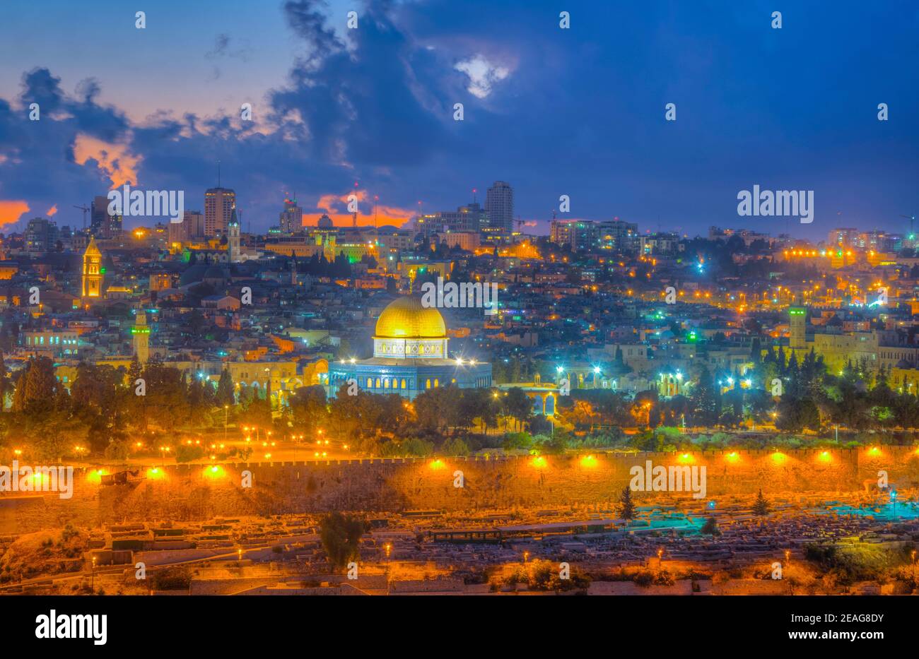 Sunset view of Jerusalem from the mount of olives, Israel Stock Photo ...