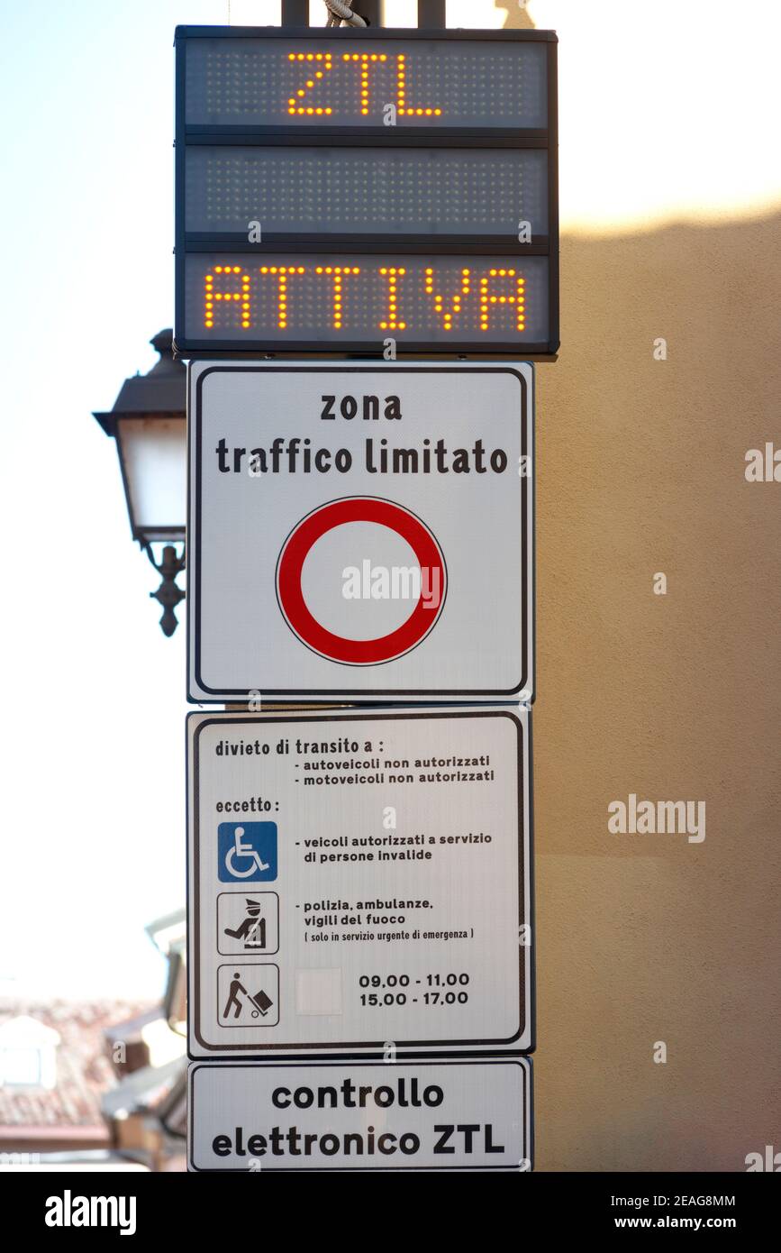 Italy, Lombardy, Luminous Street Sign Entrance ZTL Zone, Restricted ...