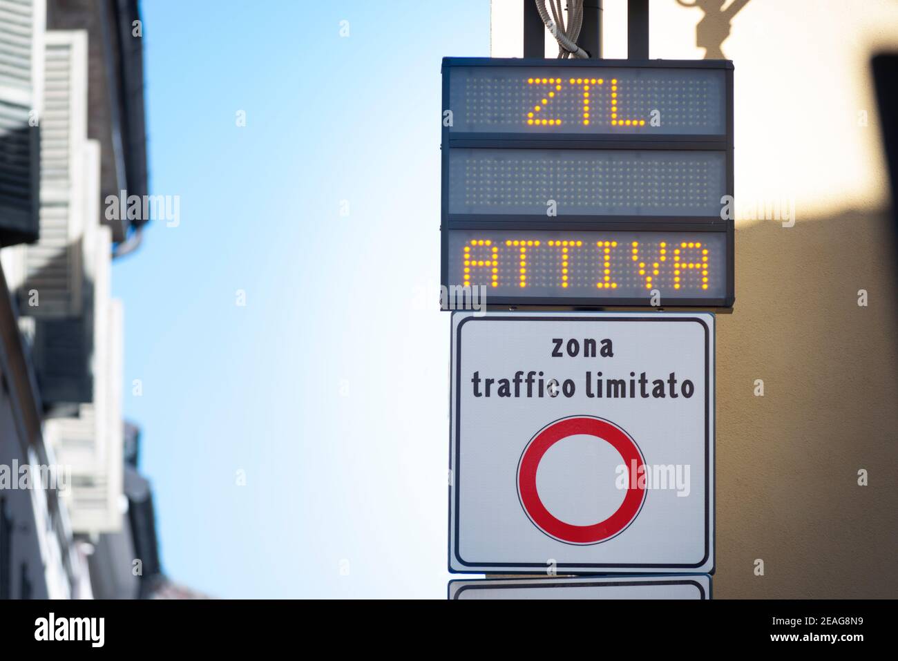 Italy, Lombardy, Luminous Street Sign Entrance ZTL Zone, Restricted ...