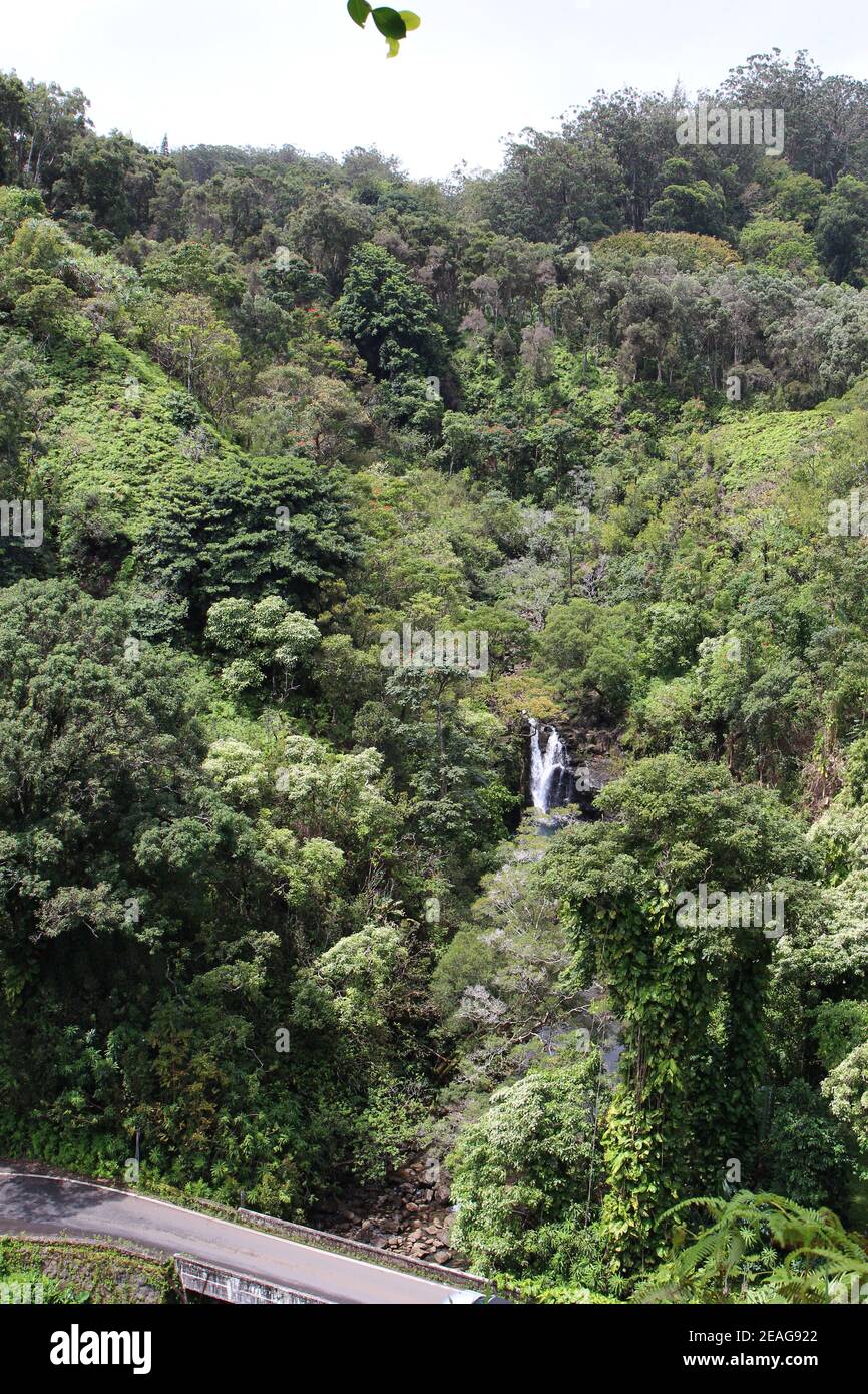 An aerial view of a waterfall and small lake in the middle of a ...