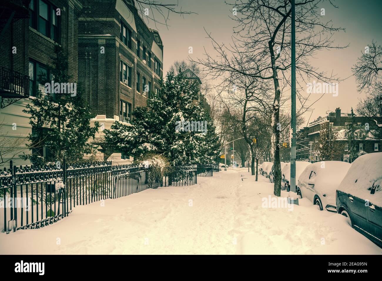 Winter scene with snow covered cars parked along streets in Brooklyn ...