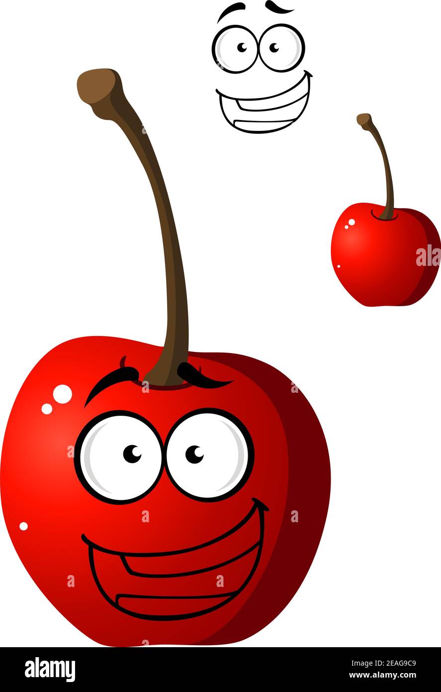 Ripe red happy little cartoon cherry with a happy smile and googly eyes ...