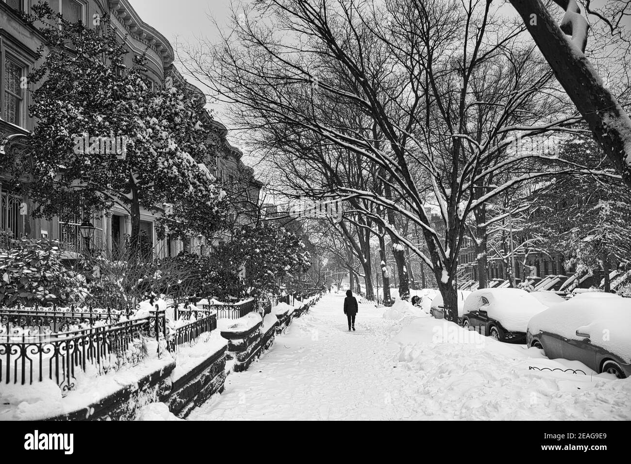 Winter scene with snow covered cars parked along streets in Brooklyn ...