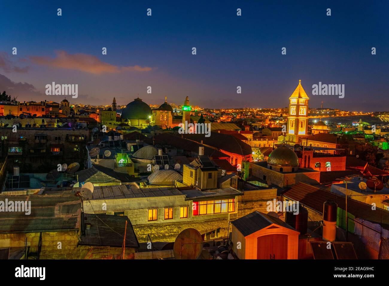 Night view of Jerusalem with churches of the redeemer and holy ...