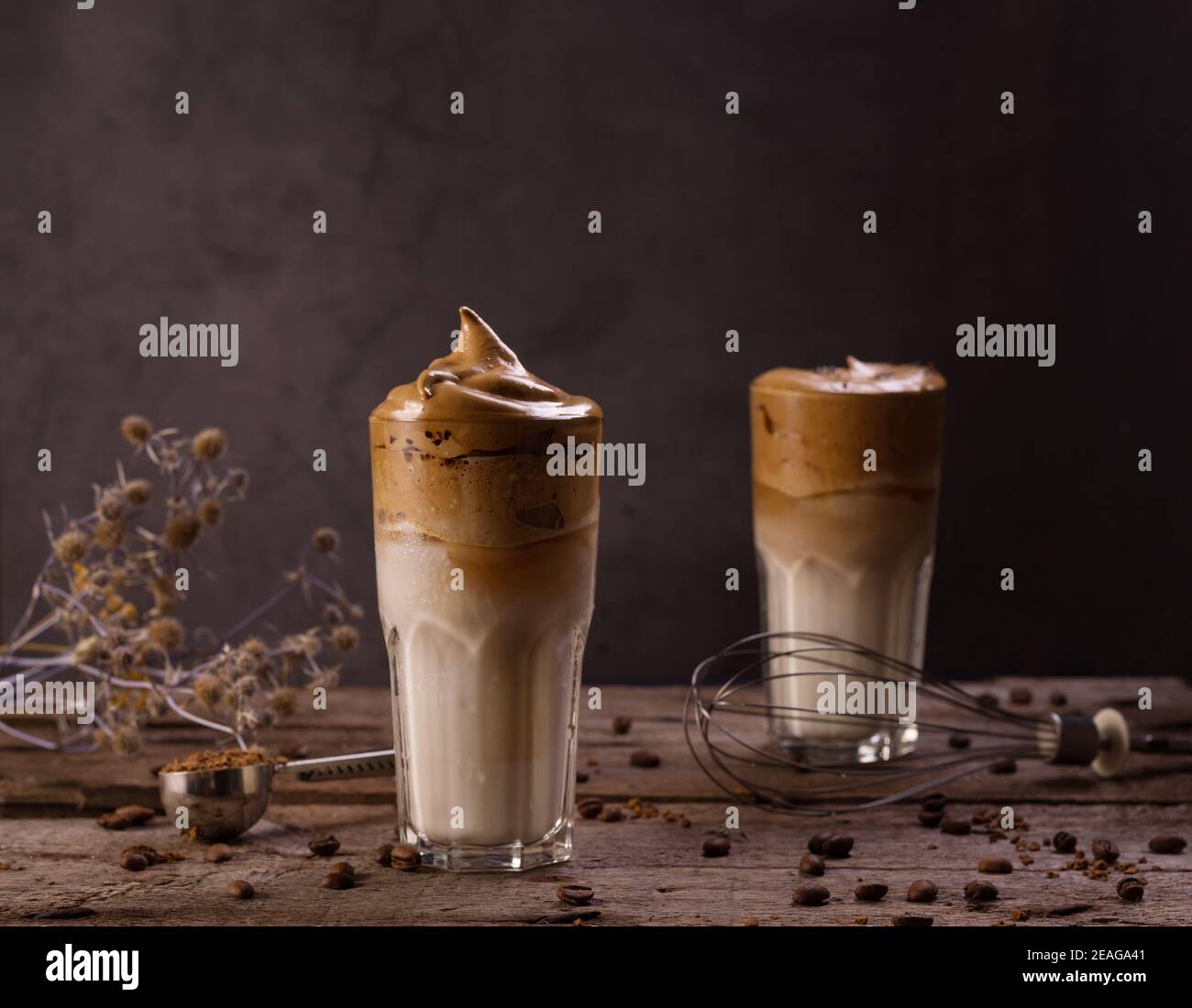 Dalgona Coffee. Whipped icing drink with instant coffee popular in ...