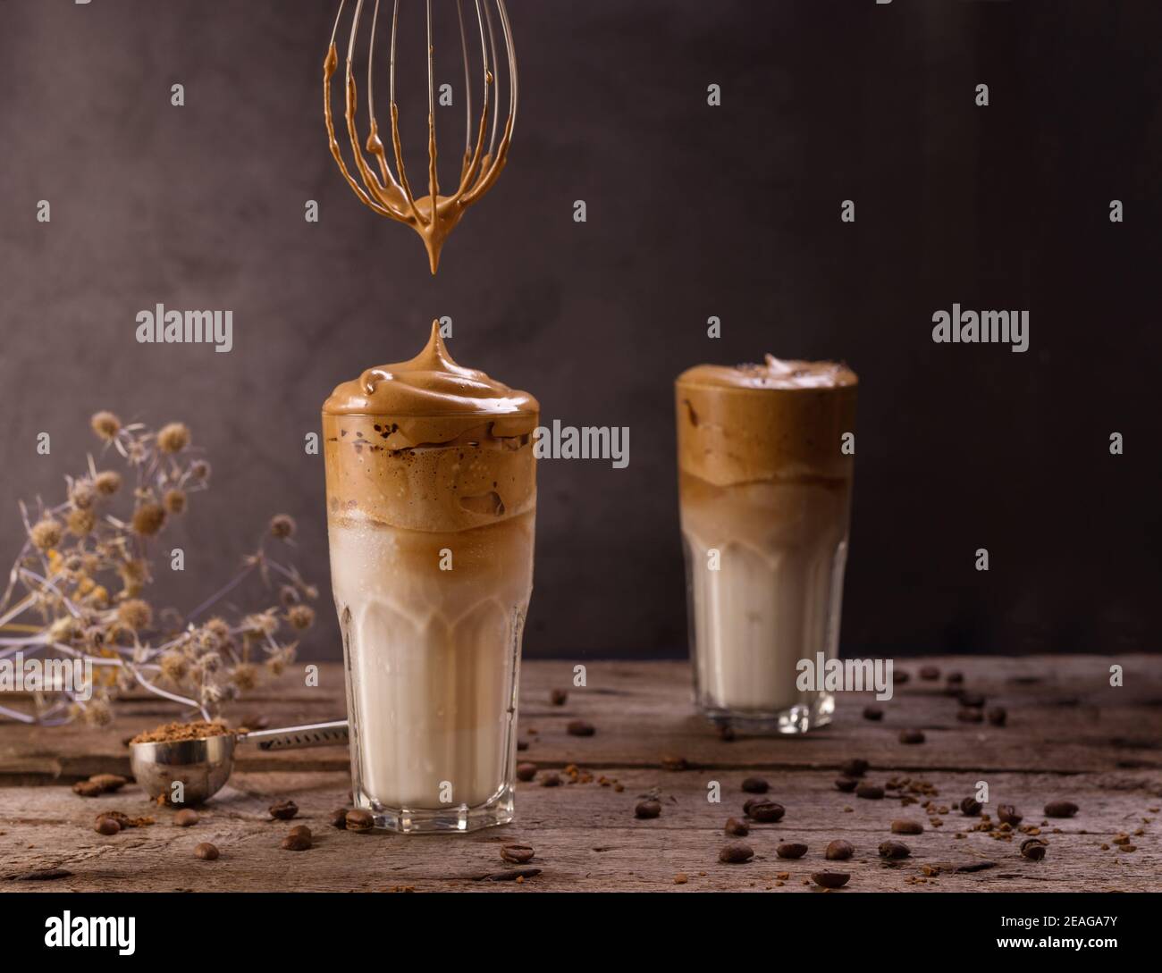 Dalgona Coffee. Whipped icing drink with instant coffee popular in ...