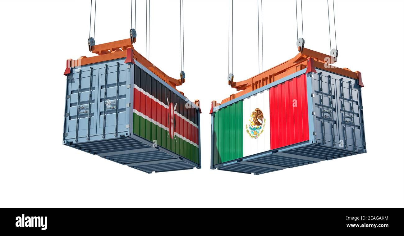 Shipping Containers with Kenya and Mexico flag. 3D Rendering Stock ...