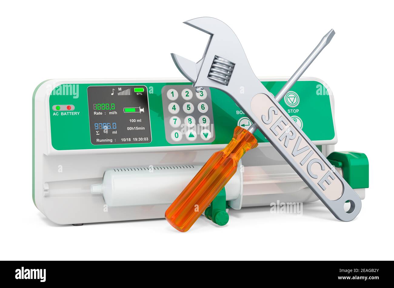 Service and repair of syringe infusion pump, 3D rendering isolated on ...