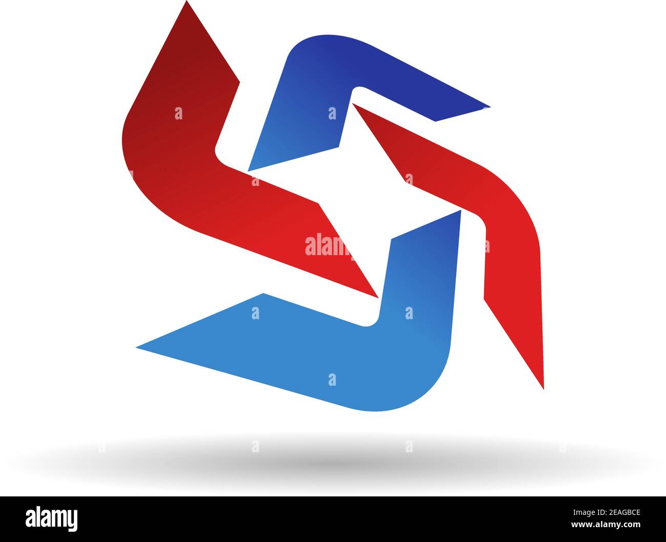 Abstract symbol of red and blue boomerang shapes arranged in a circle ...