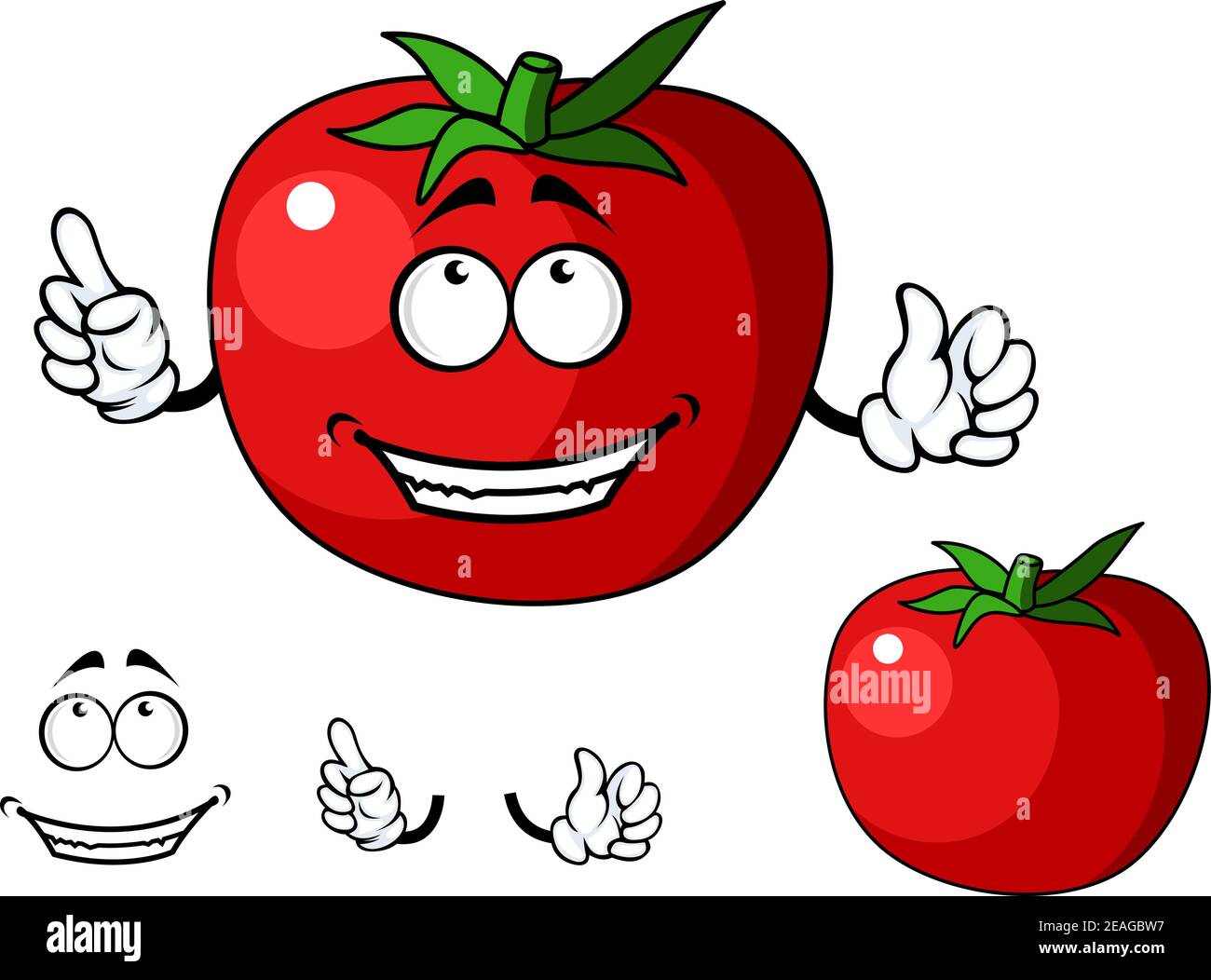Ripe red happy tomato vegetable with a big smile and green stalk ...