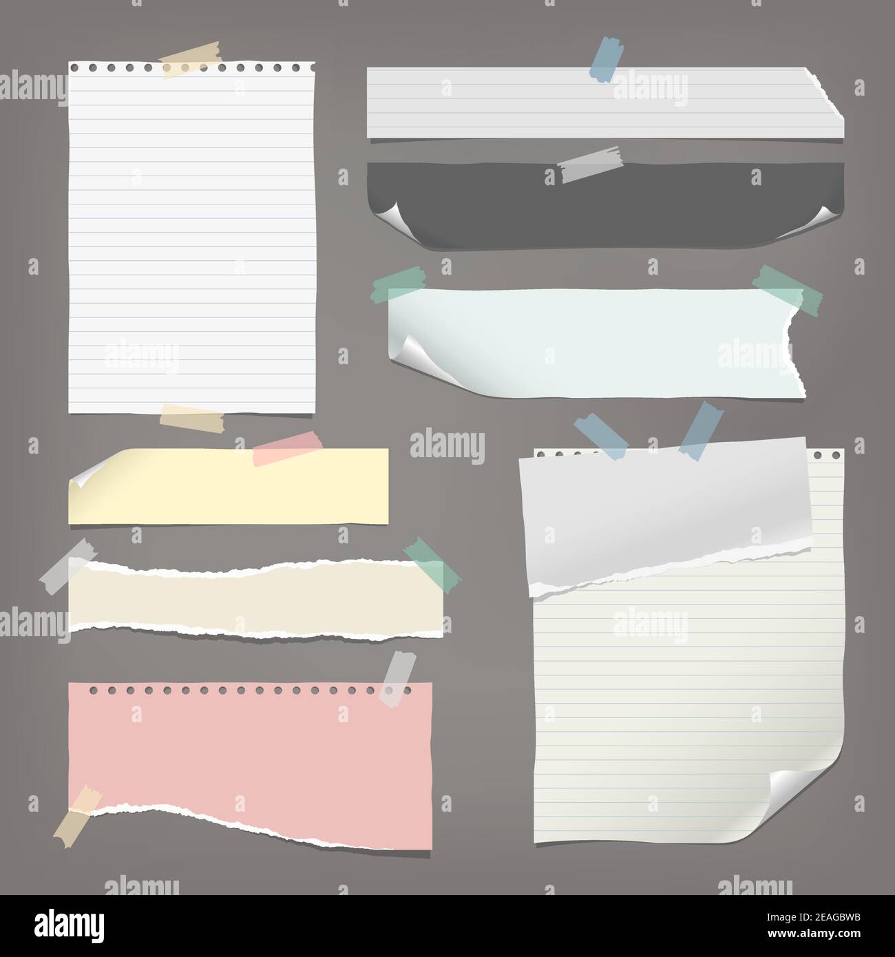 Set of torn white, colorful note, notebook paper pieces with stuck on ...