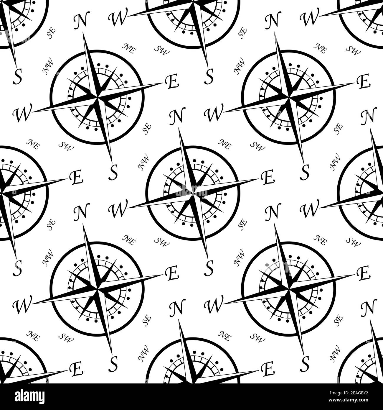Black and white vintage compass seamless pattern with a star design and ...