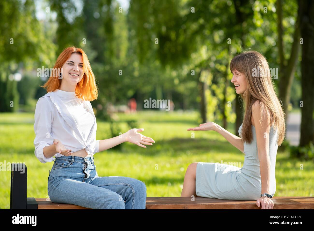 Two young women friends sitting on a bench in summer park and talking ...