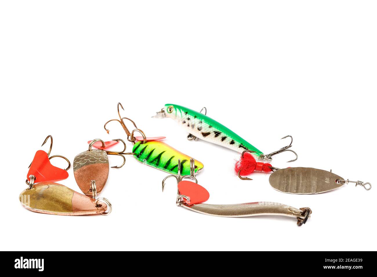 Fishing lure with hooks isolated on white background Stock Photo - Alamy