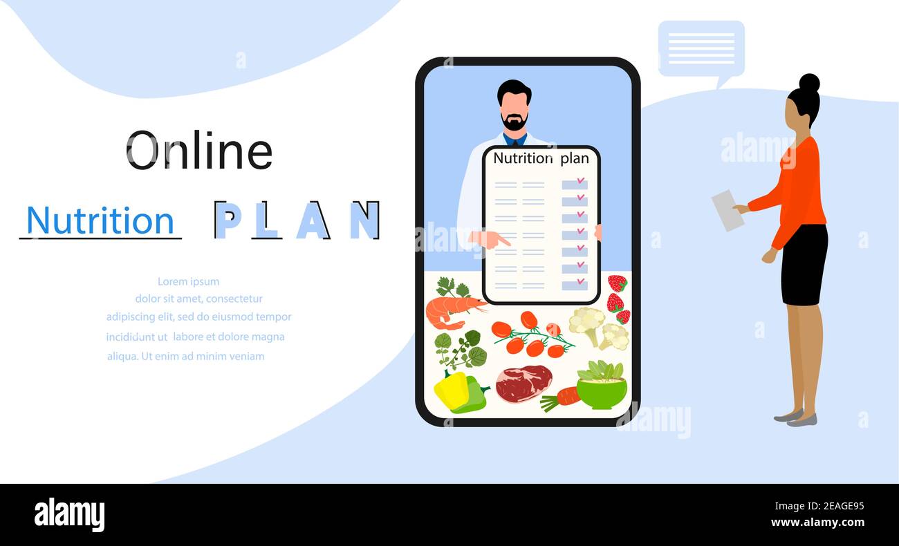 Vector illustration Nutrition Consultant Online explains diet to human ...