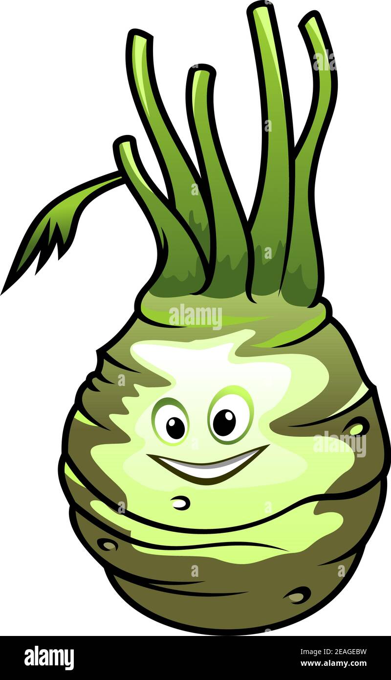 Healthy fresh green cartoon kohlrabi vegetable with a happy smile and ...