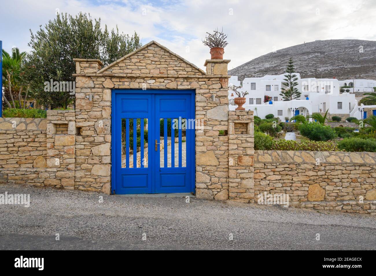 A typical Greek blue entrance gate on the Greek island of Folegandros ...