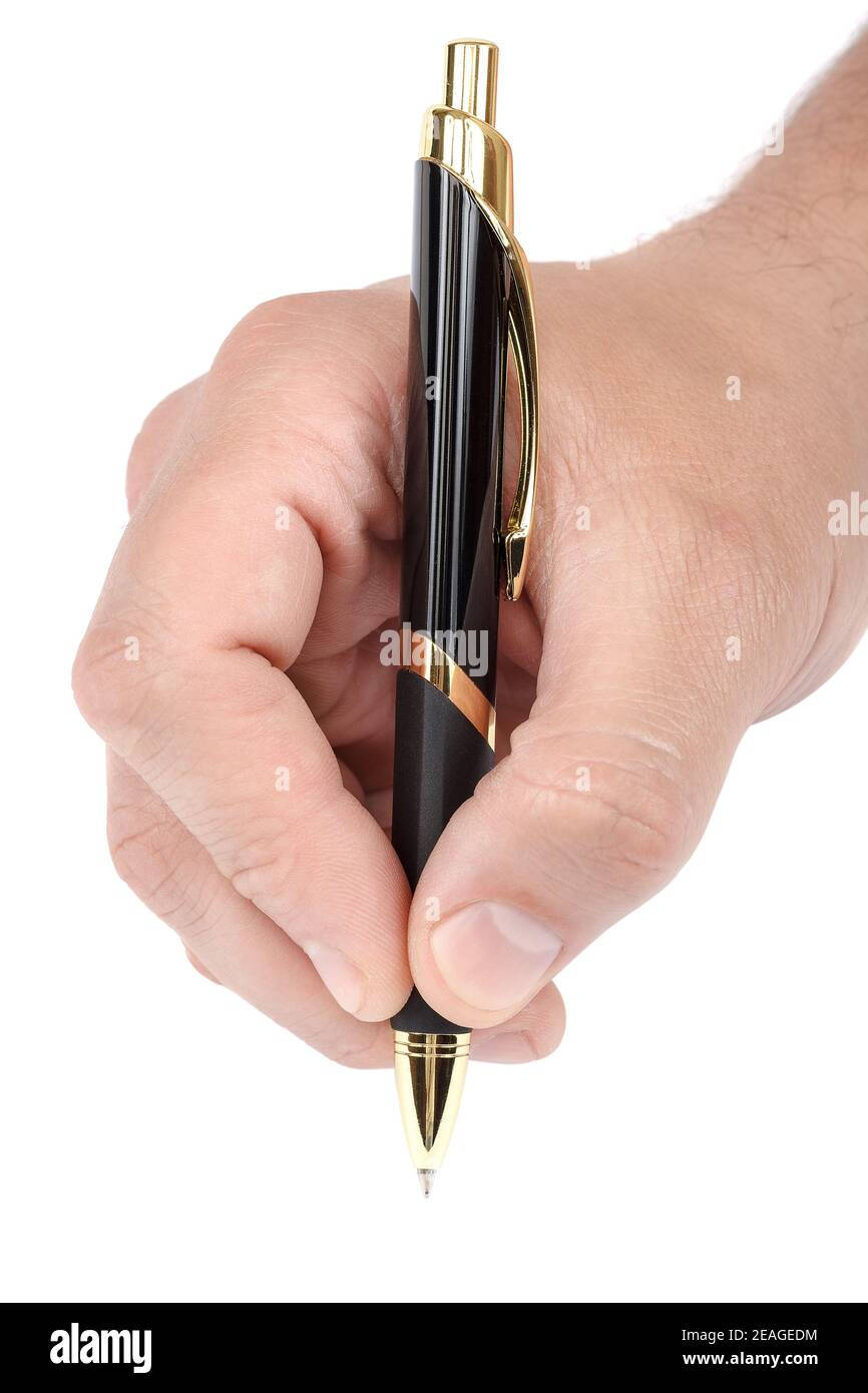 Pen in hand isolated on white background Stock Photo - Alamy