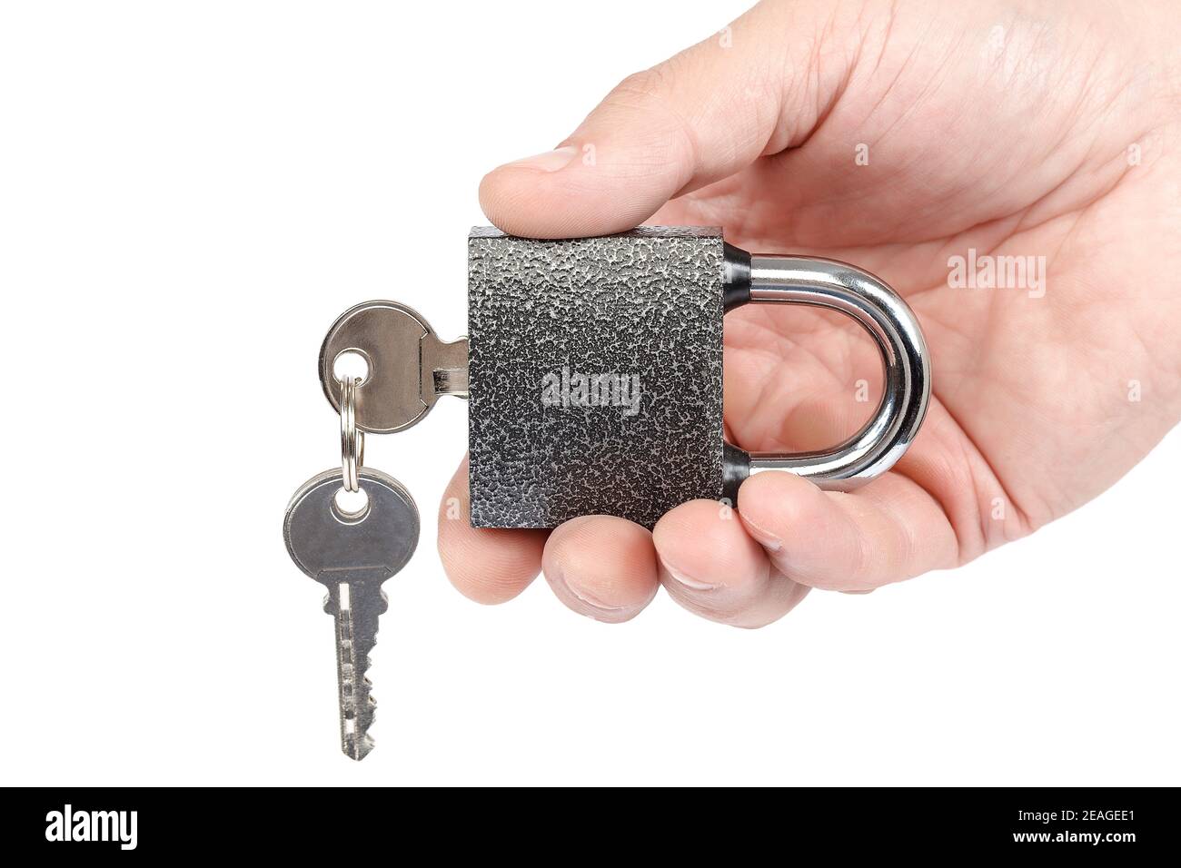 Padlock and keys in hands isolated on white background Stock Photo - Alamy