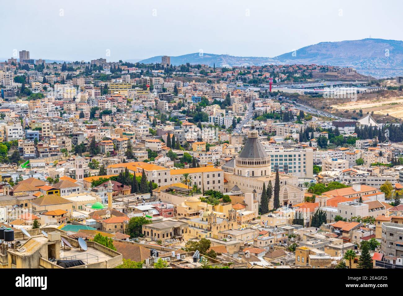 Cityscape of Nazareth with Basilica of the annunciation, Israel Stock ...