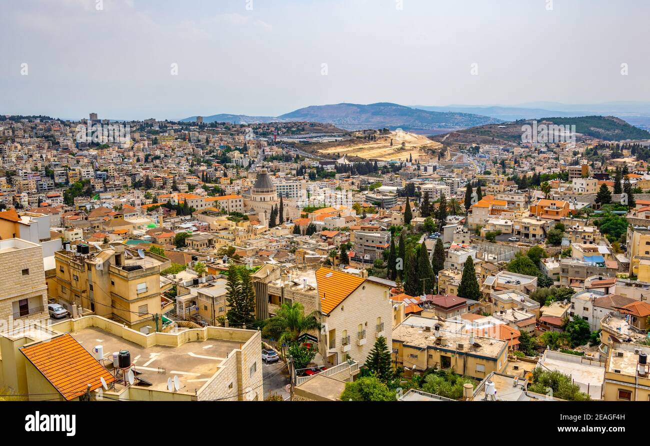 Cityscape of Nazareth with Basilica of the annunciation, Israel Stock ...