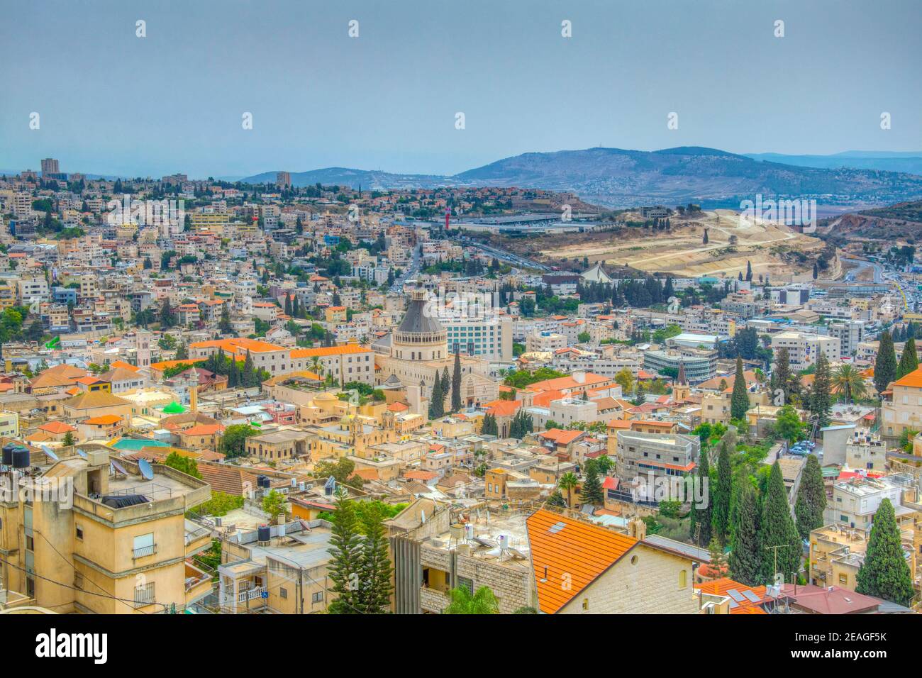 Cityscape of Nazareth with Basilica of the annunciation, Israel Stock ...