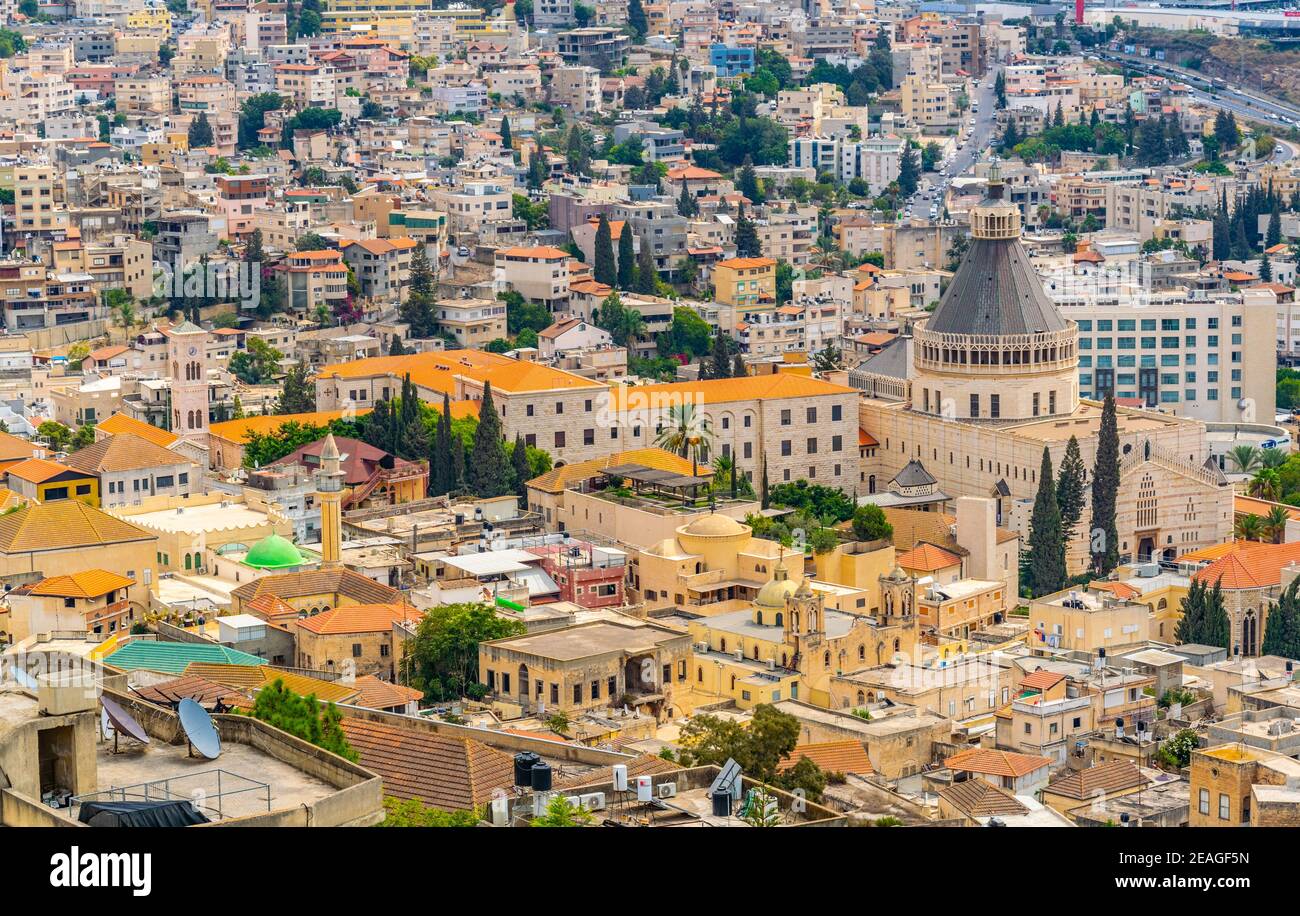 Cityscape of Nazareth with Basilica of the annunciation, Israel Stock ...