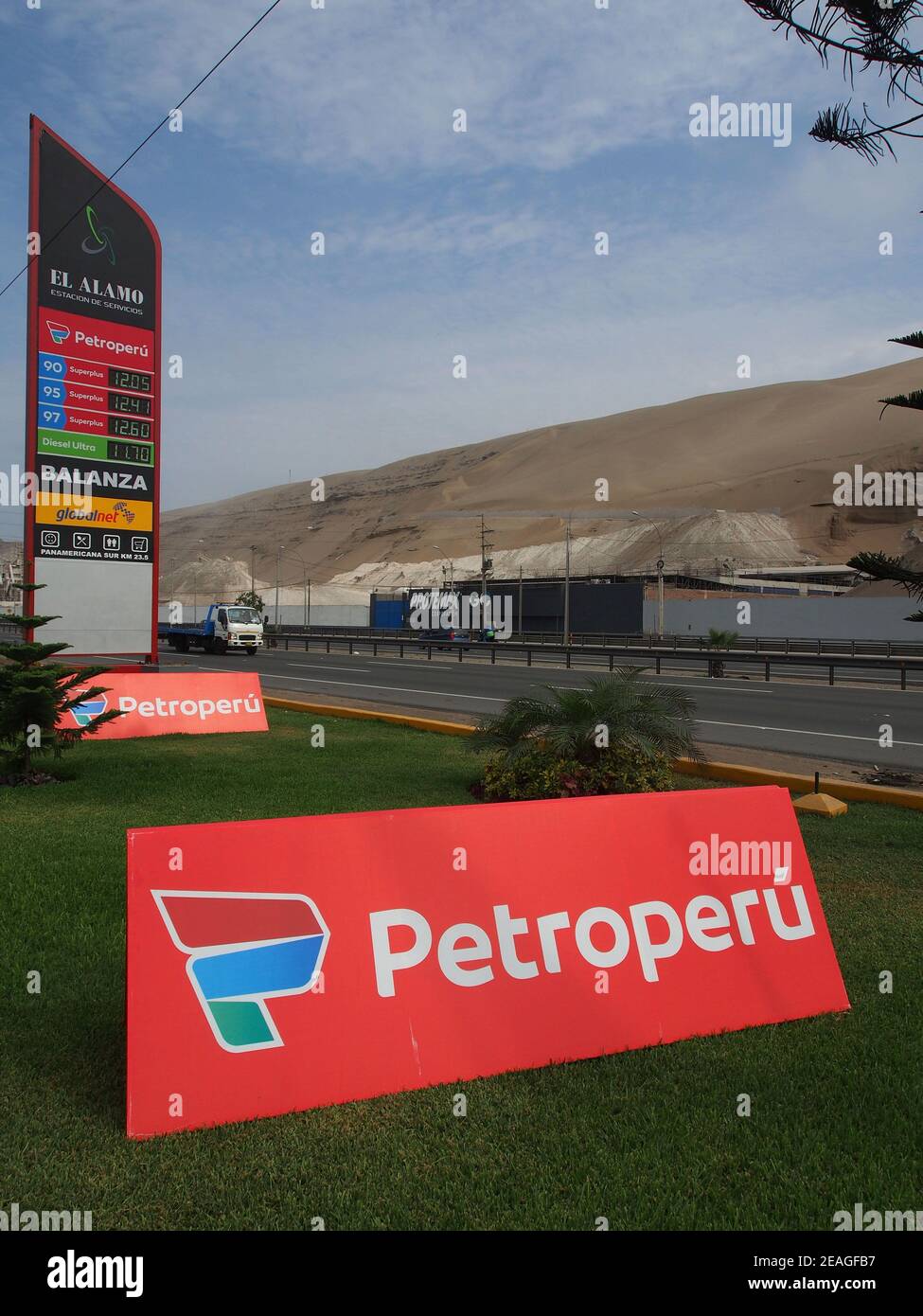 New facilities and logo for a Petroperu gas station. The Peruvian state ...