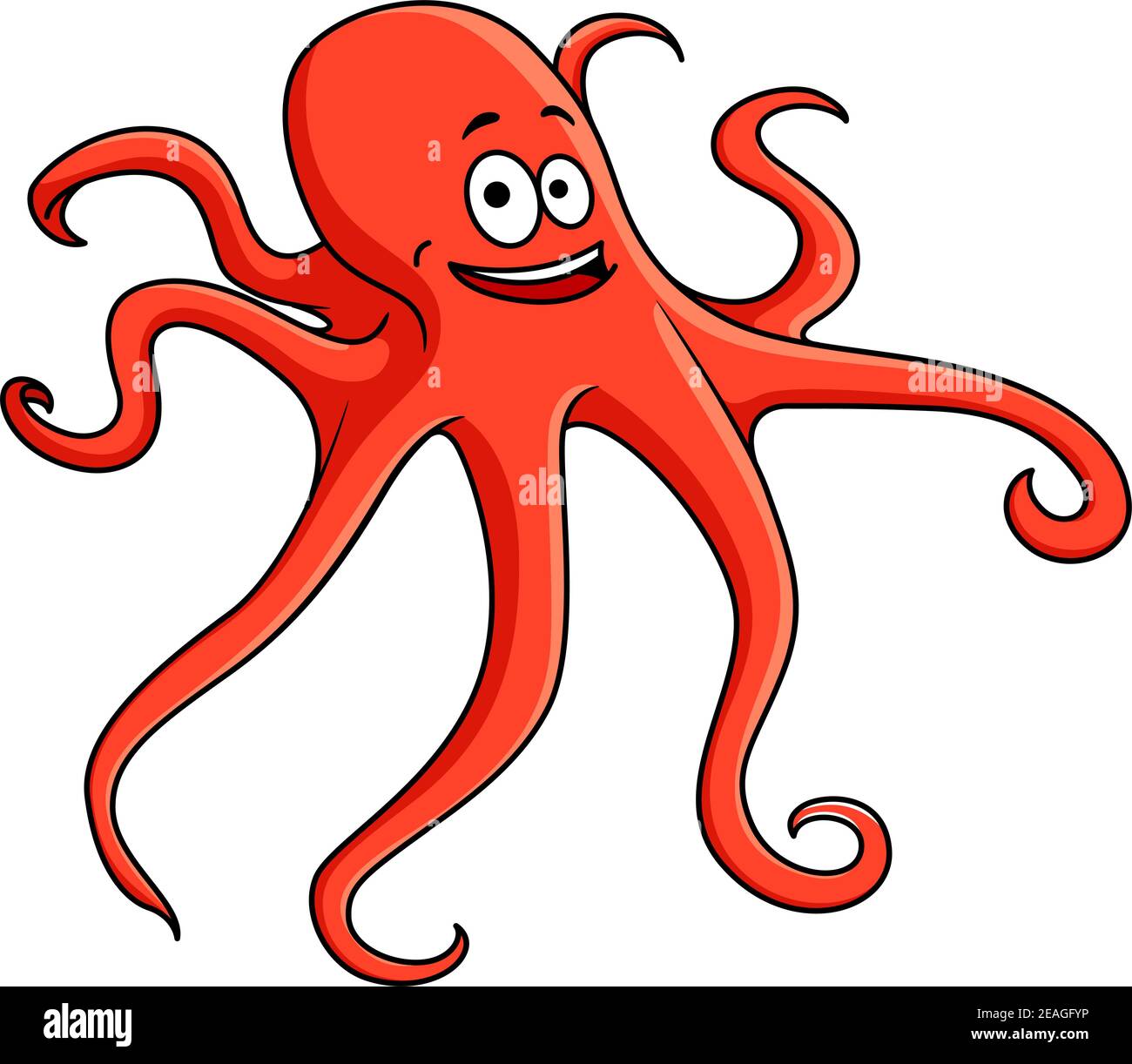Cute red octopus with curling tentacles and a happy smile, cartoon ...