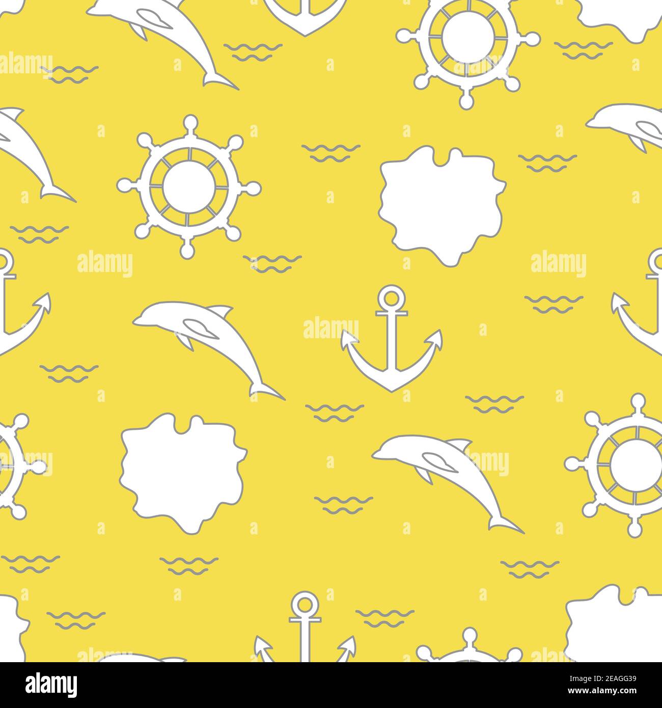 Seamless pattern with dolphins, anchors, steering wheels, waves ...