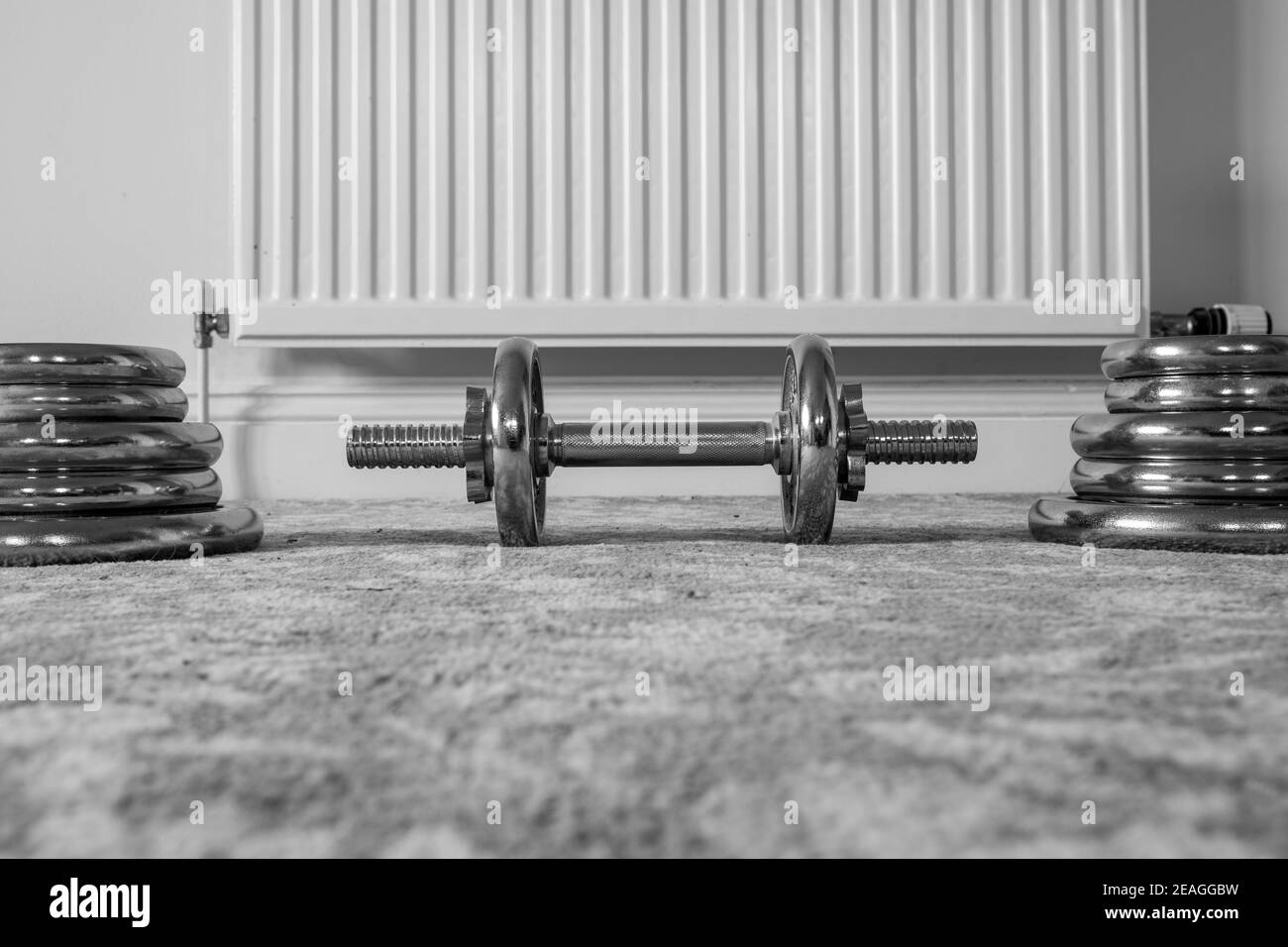 Black and white photo of a small dumbbell on the floor at home with ...