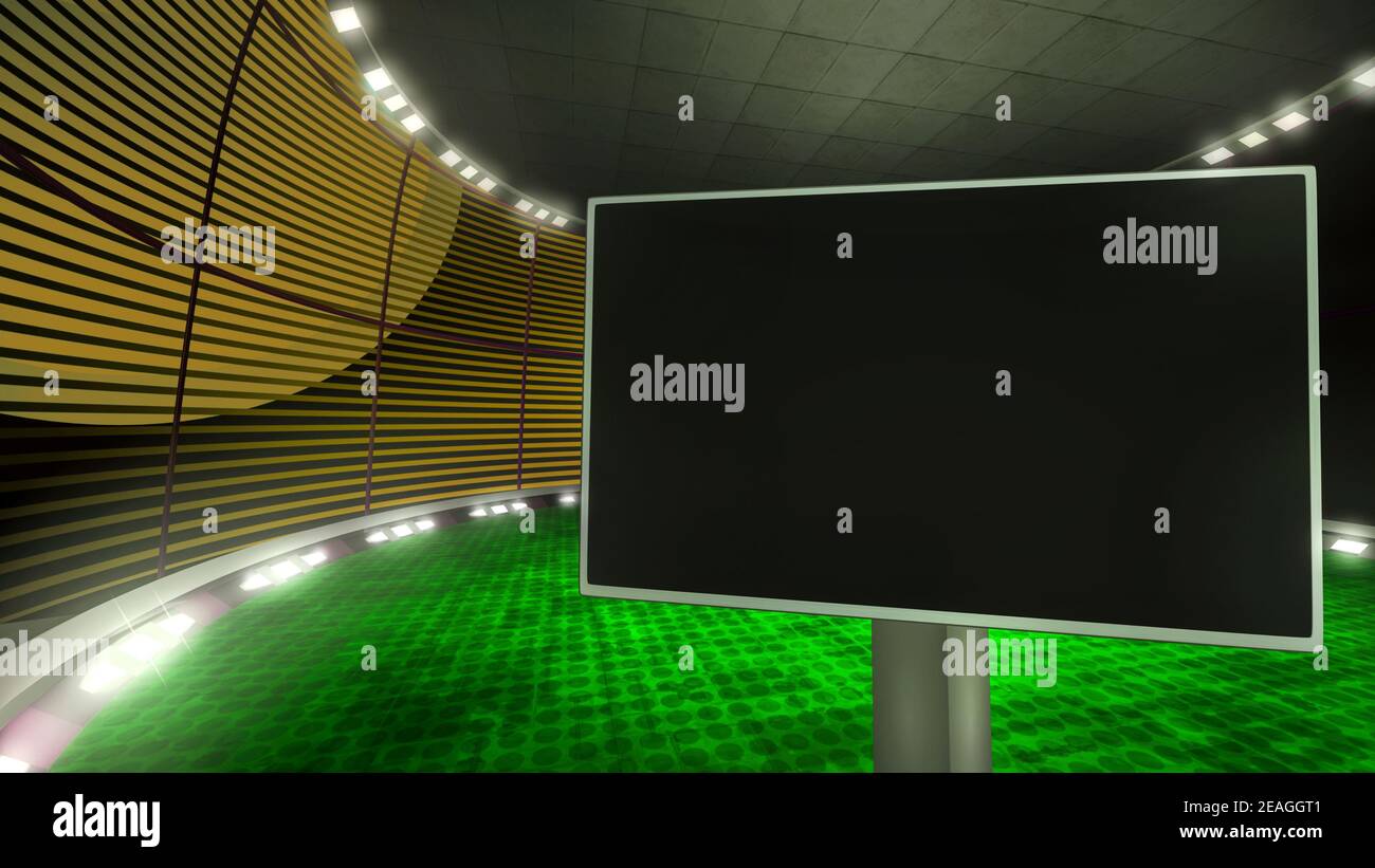 Virtual set background with a Tv monitor. A 3D rendering VR backdrop ...