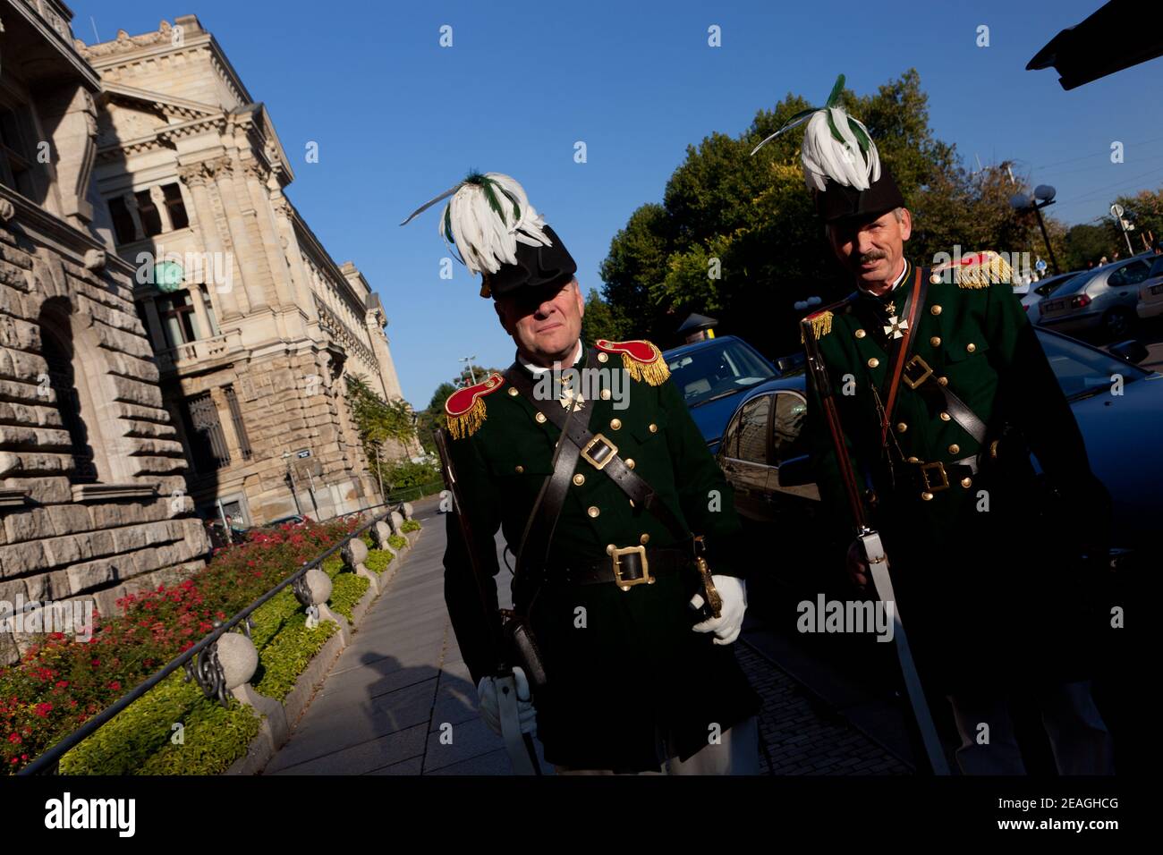 Leipzig, Germany Men dressed as ceremonial Prussian soldiers in front ...