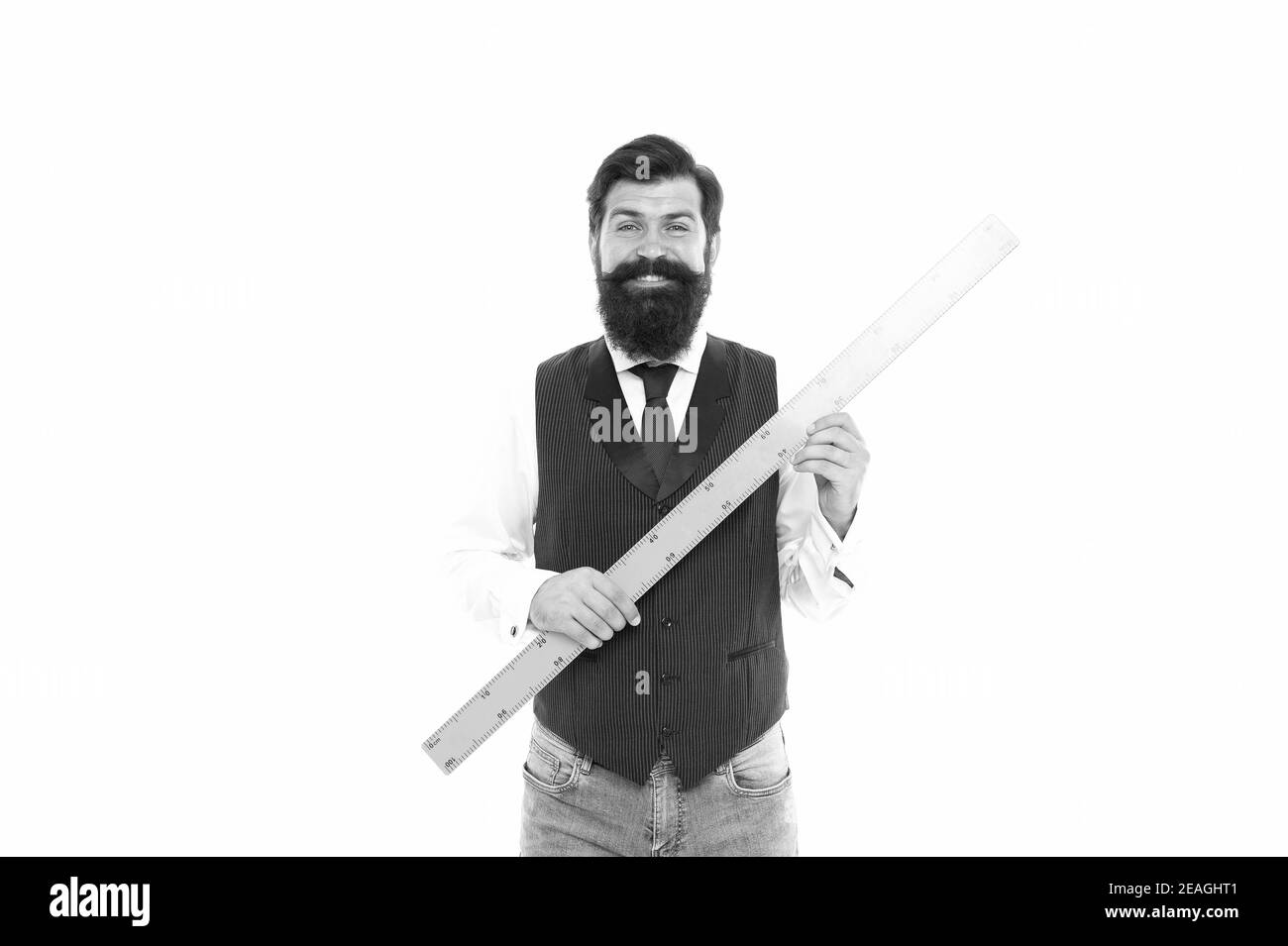 Two points determine a straight line. Happy school teacher isolated on ...