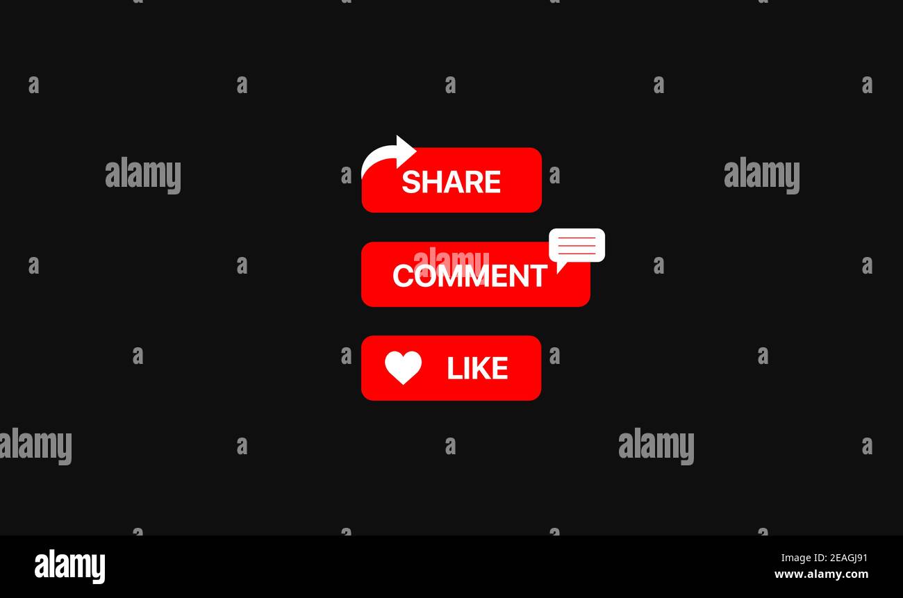 Red social media elements. Like button. Share button. Comment button ...