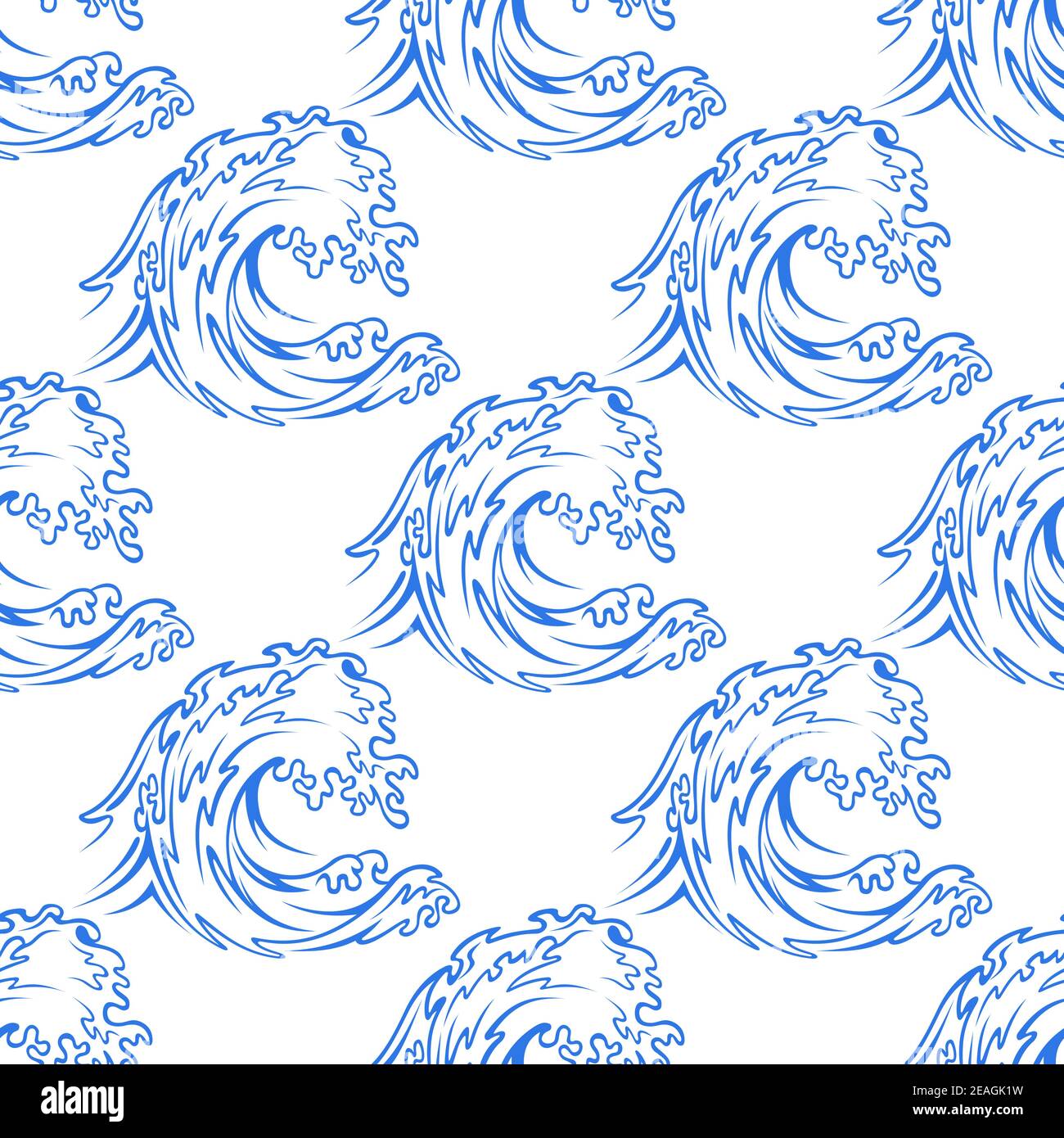 Dainty outline seamless pattern of a curling blue ocean wave in square ...