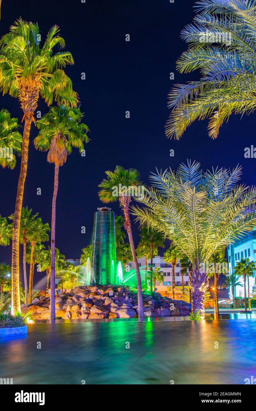 illuminated fountain on a roundabout of princess Haya in Aqaba, Jordan ...