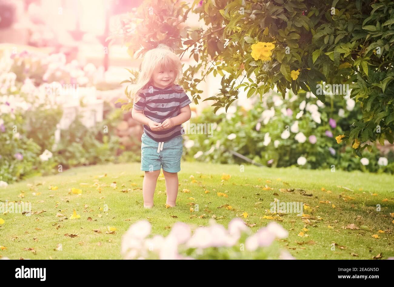 Kid baby outdoor in garden with flowers and green grass on natural ...