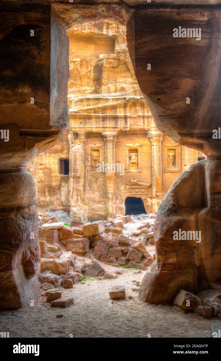 Roman Soldier's tomb viewed from garden tomb at Petra, Jordan Stock ...