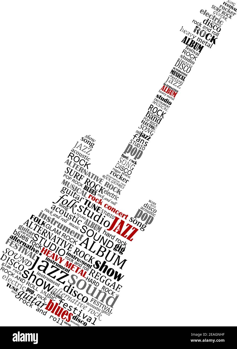 Electric guitar shape composed of text relating to music, jazz and ...