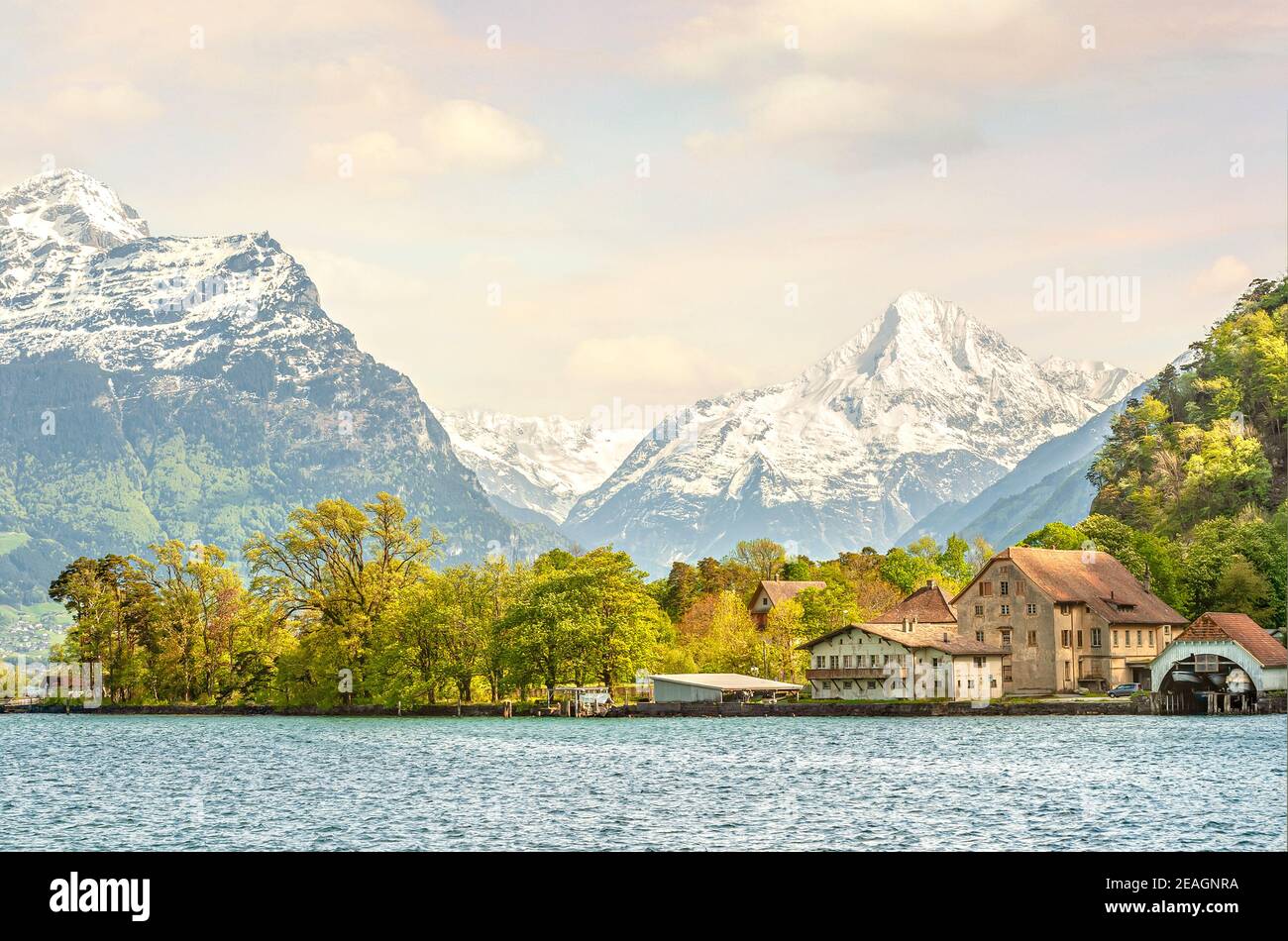 Shipping pier of Isleten Isenthal at Lake Urn, Urnersee, Canton Uri ...