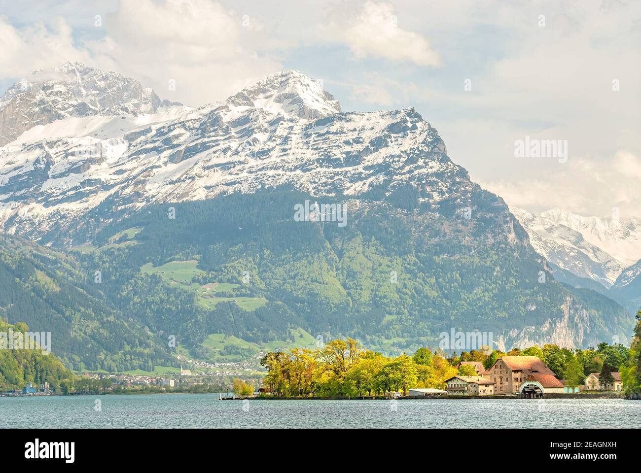 Shipping pier of Isleten Isenthal at Lake Urn, Urnersee, Canton Uri ...