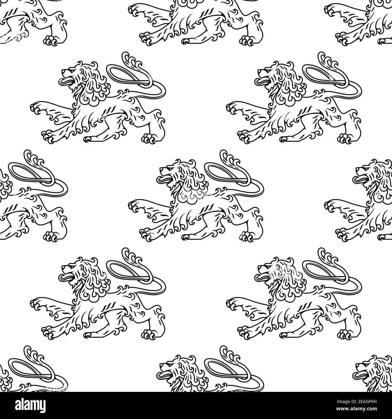 Seamless pattern of a vintage heraldic lion in profile with a curly ...
