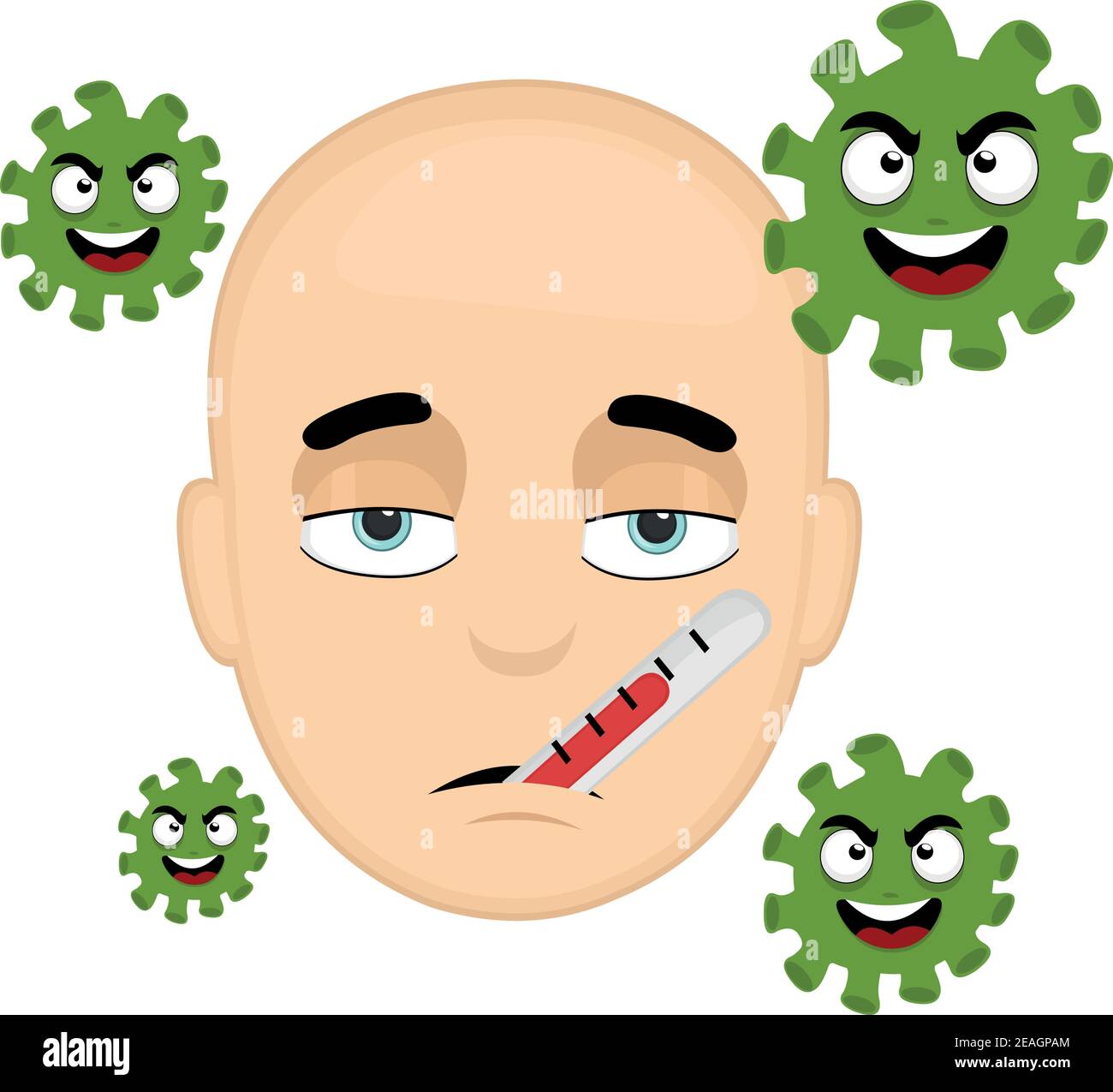 Vector illustration of the head of a man with a pale and sick face and ...