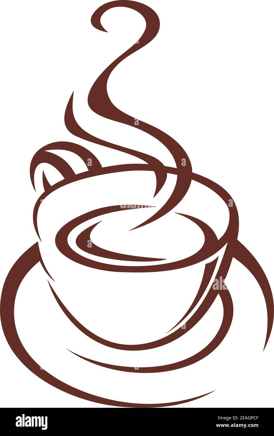 Brown and white doodle sketch of a steaming cup of coffee on a saucer ...
