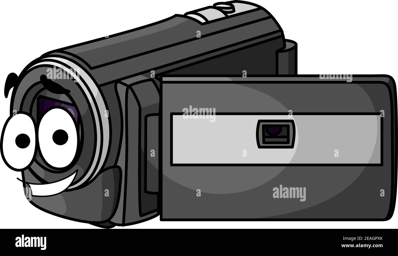 Happy grey cartoon video camera with an open viewfinder isolated on ...