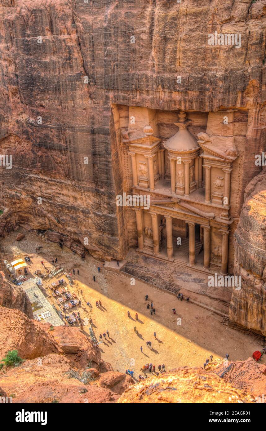 Aerial view of Al Khazneh tomb also called Treasury at Petra, Jordan ...