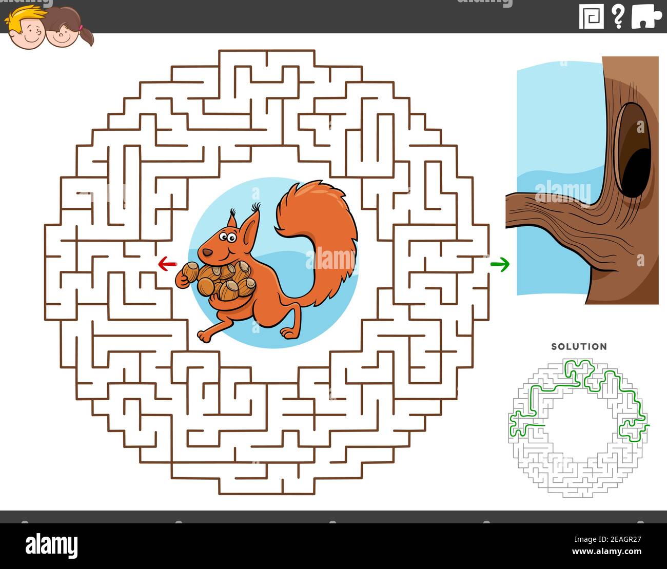 Cartoon illustration of educational maze puzzle game for children with squirrel animal character ...