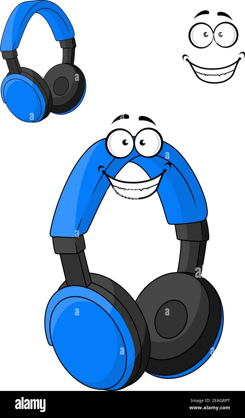 Set of blue headphones or earphones with happy smile in cartoon style ...
