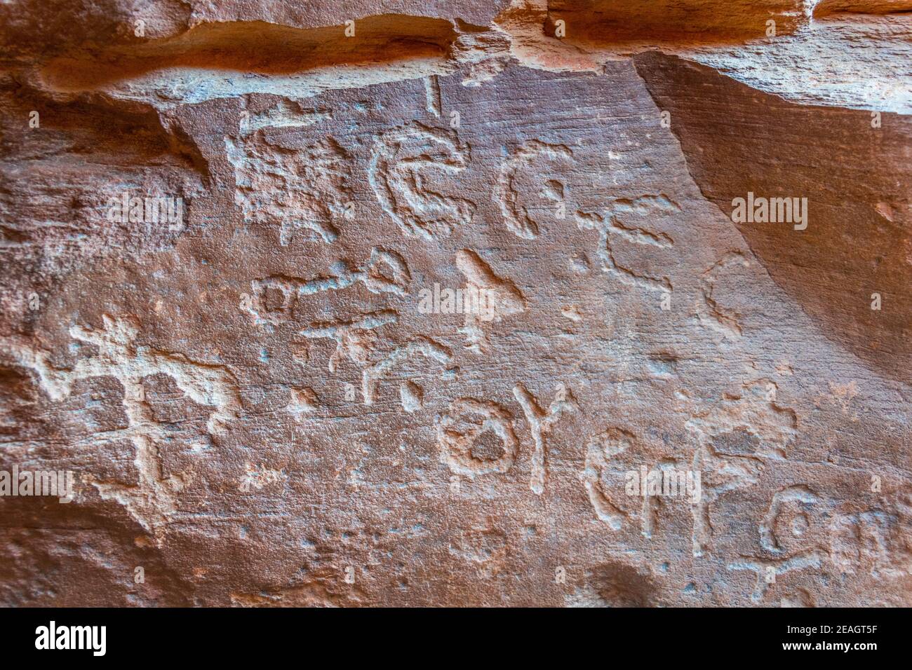 Ancient inscriptions at Khazali siq at Wadi Rum desert in jordan Stock ...